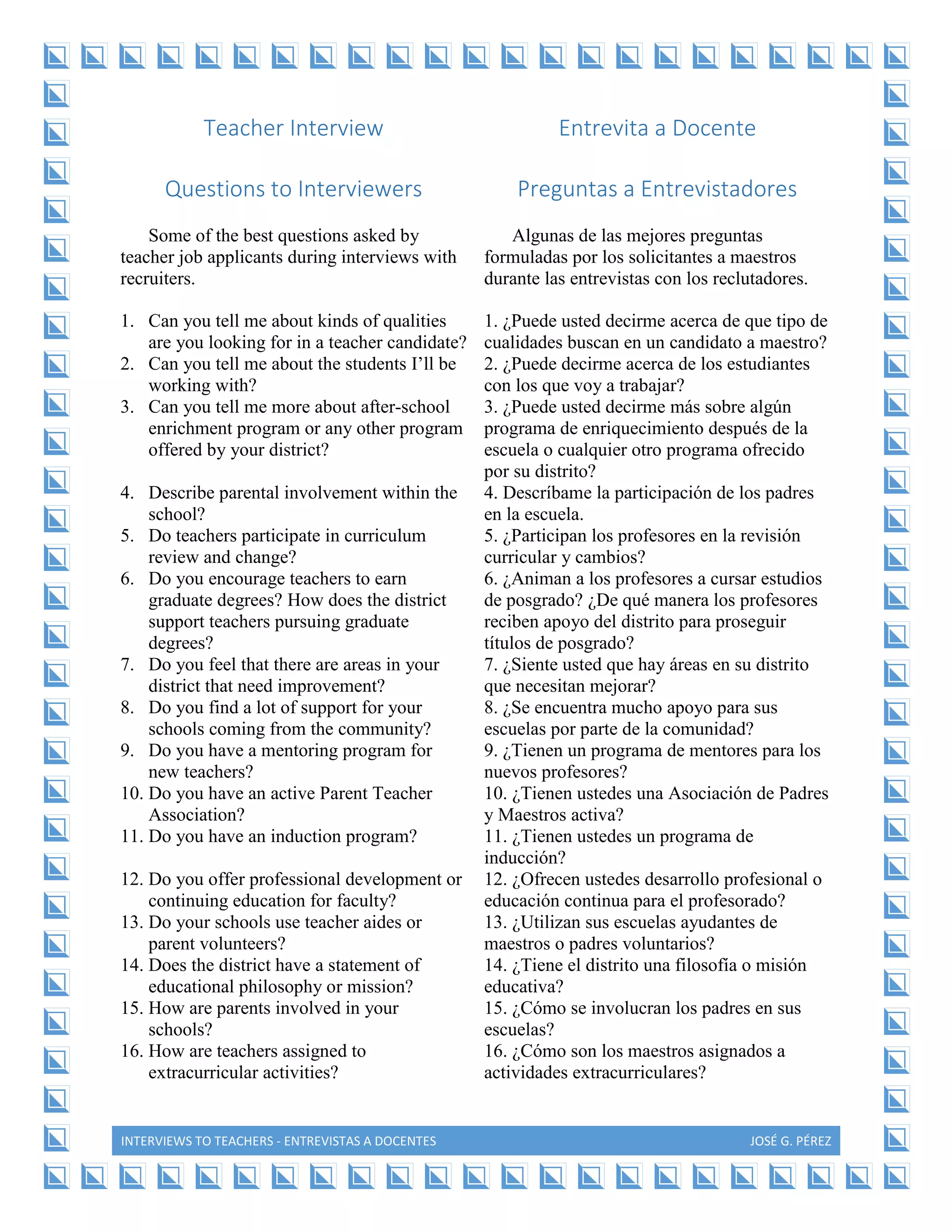 Teacher Interview Questions- Preguntas para una entrevista a maestro | PDF
