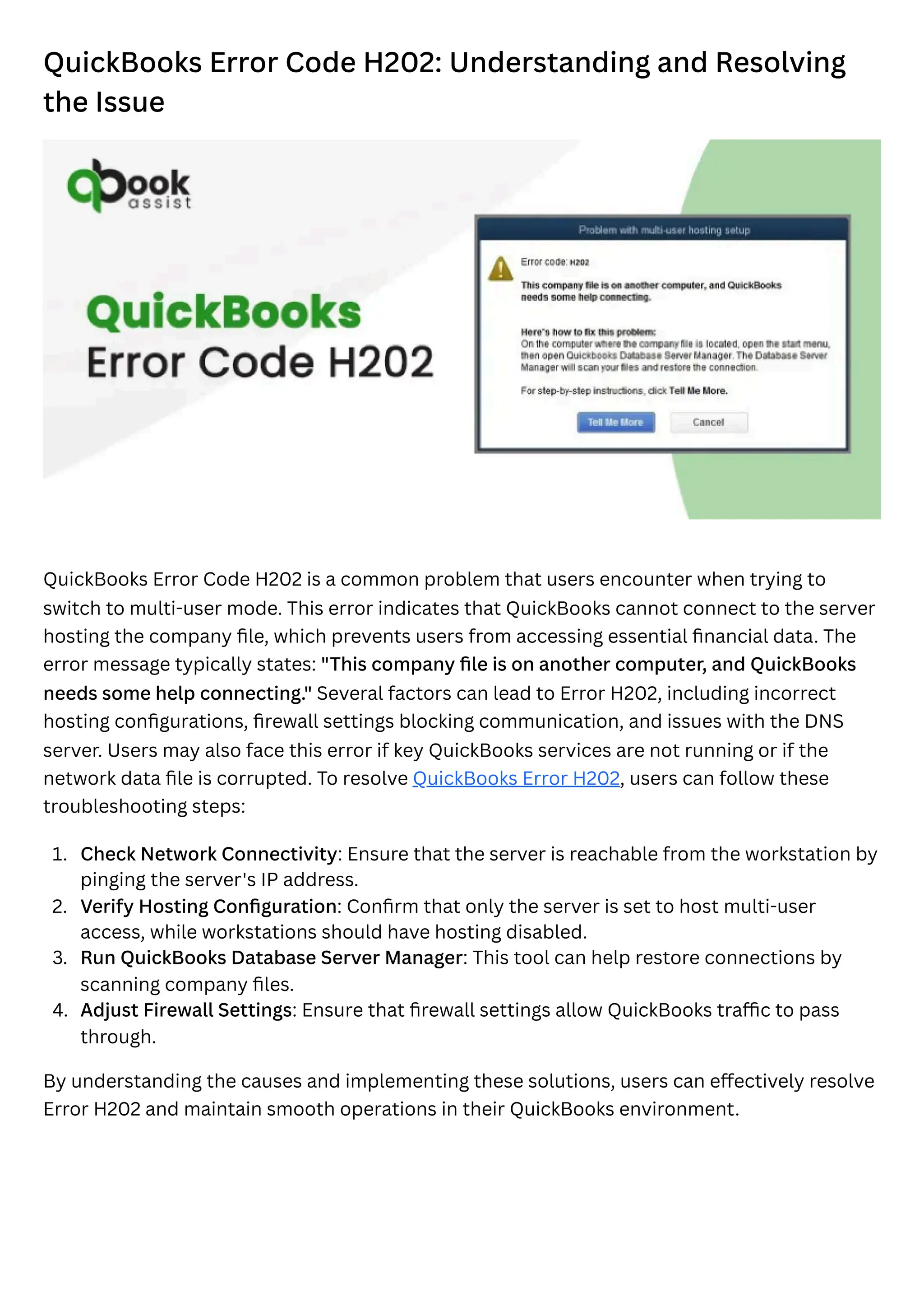QuickBooks Error Code H202: Causes and Solutions for Multi-User Switching Issues | PDF