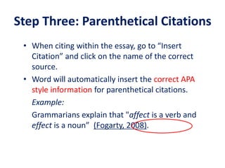 Quick guide apa style office 2007 | PPSX