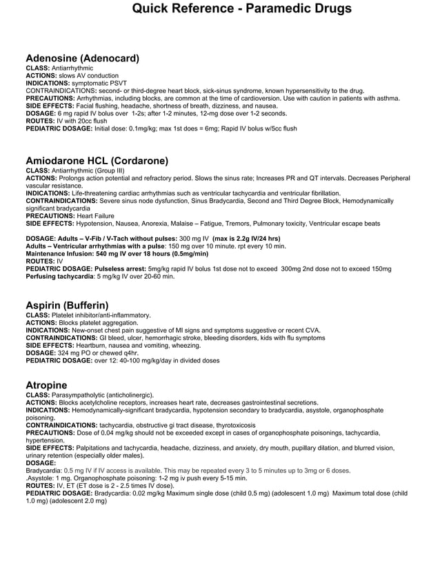 Quick reference paramedic drugs | PDF | Heart and Cardiovascular ...