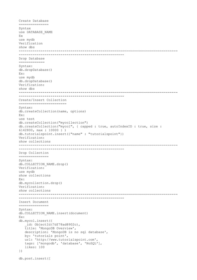 Quick reference for mongo shell commands | TXT