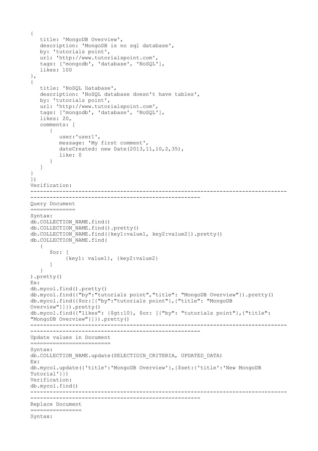 Quick reference for mongo shell commands | TXT