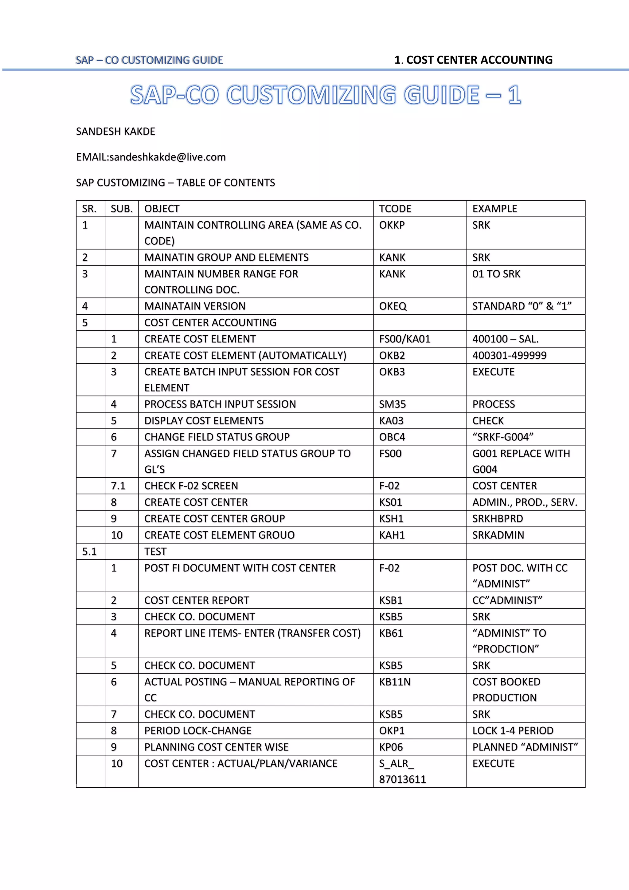 Quick sap co configuration-cost acct. | PDF