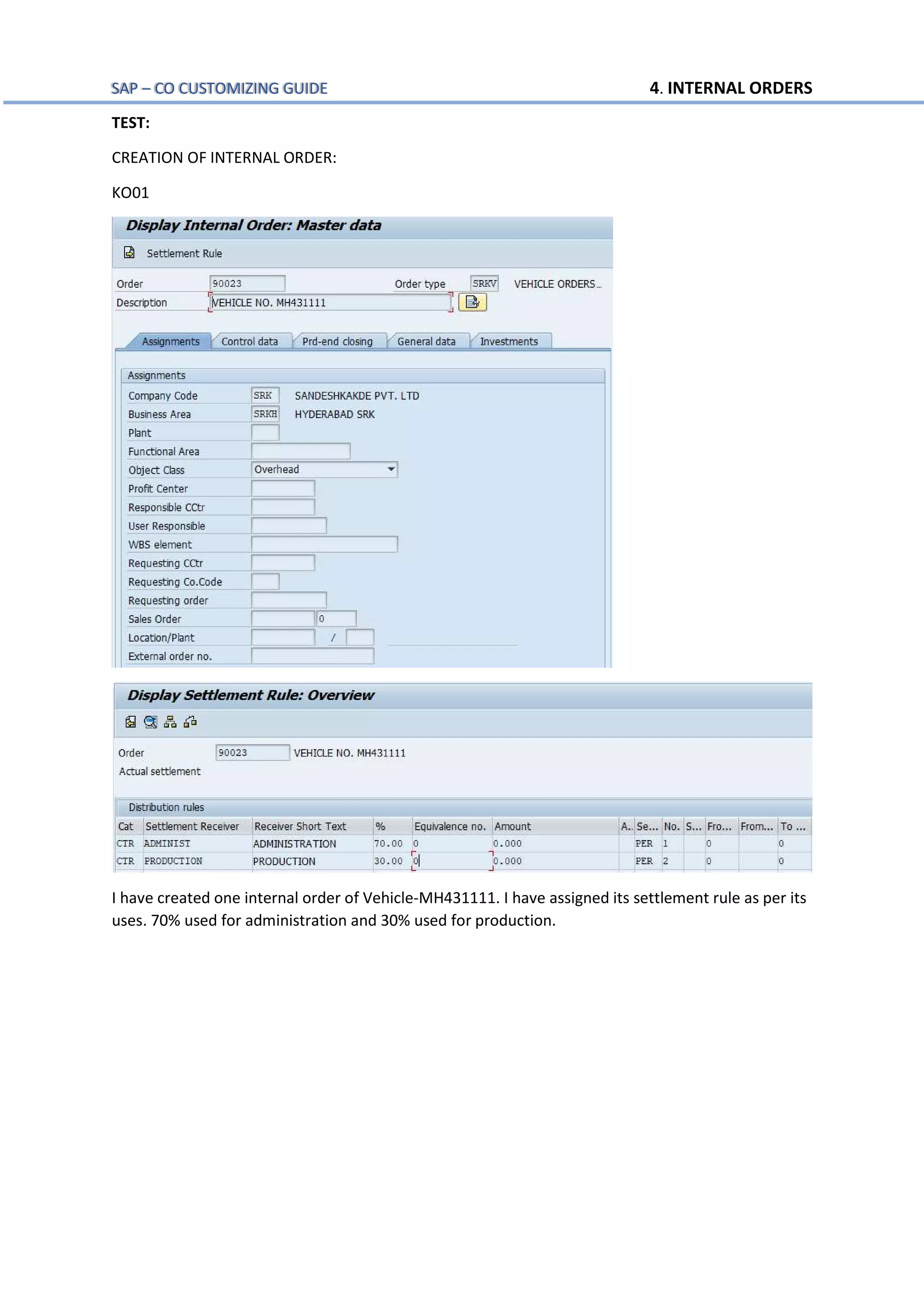 Quick sap co configuration Internal Order | PDF
