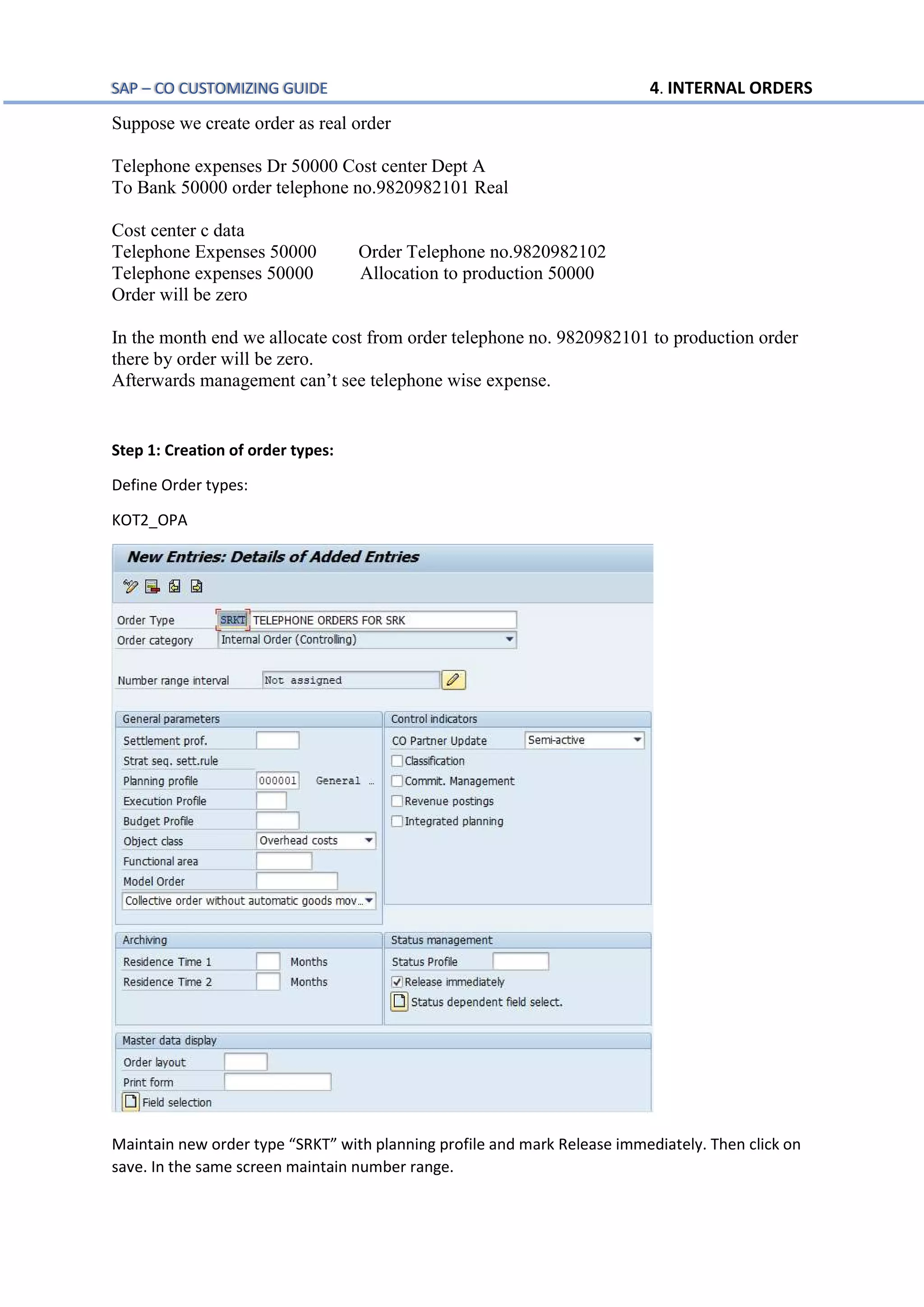 Quick sap co configuration Internal Order | PDF