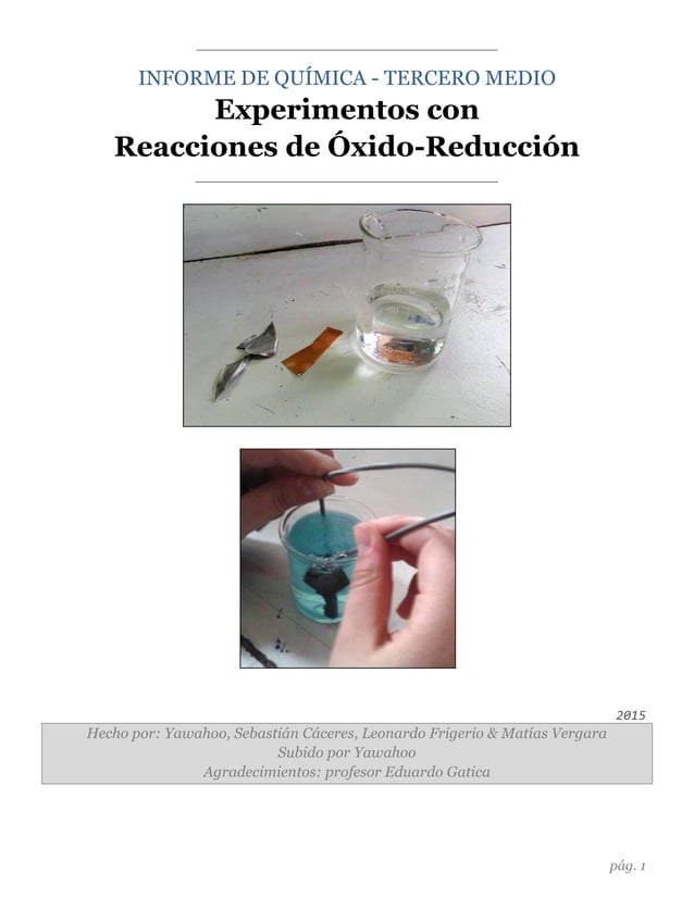 Quimica 3° Medio Informe De Experimentos Con Reacciones Rédox Pdf