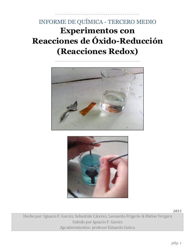 Quimica 3° Medio Informe De Experimentos Con Reacciones Rédox
