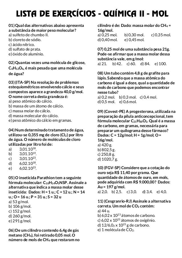 Quimica: Exercicios de MOL
