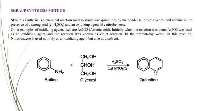 synthesis of quinoline derivatives and its applications | PPTX | Chemistry | Science