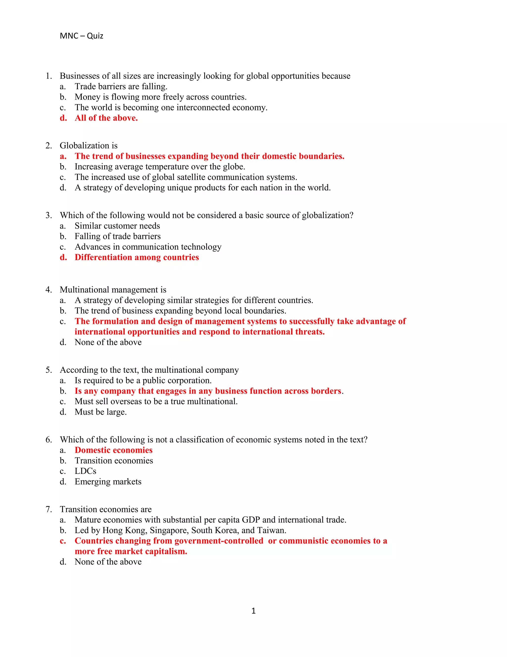 Multinational Corporation Quiz Answer | DOC