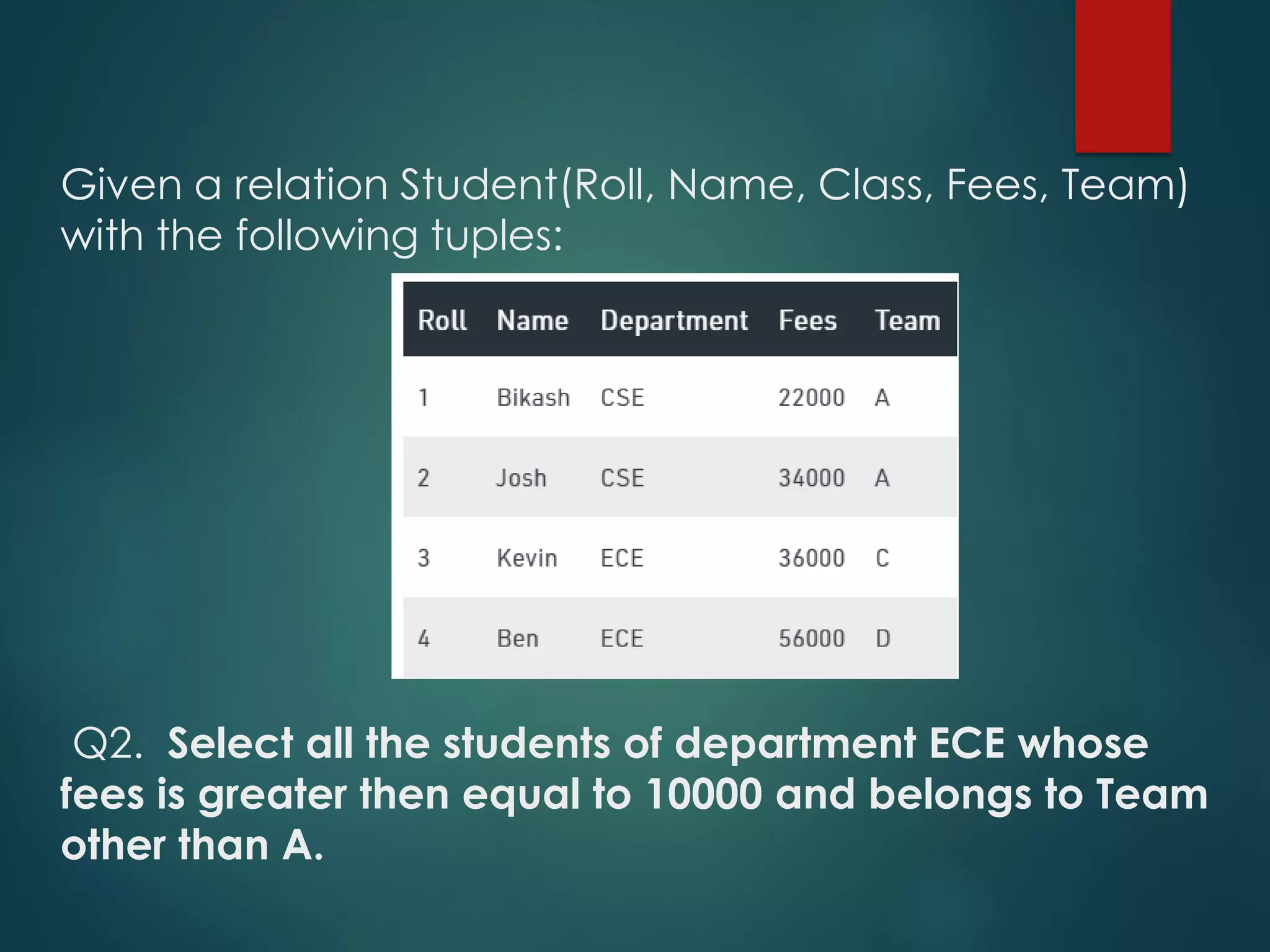 Quiz on Relational Algebra | PPT