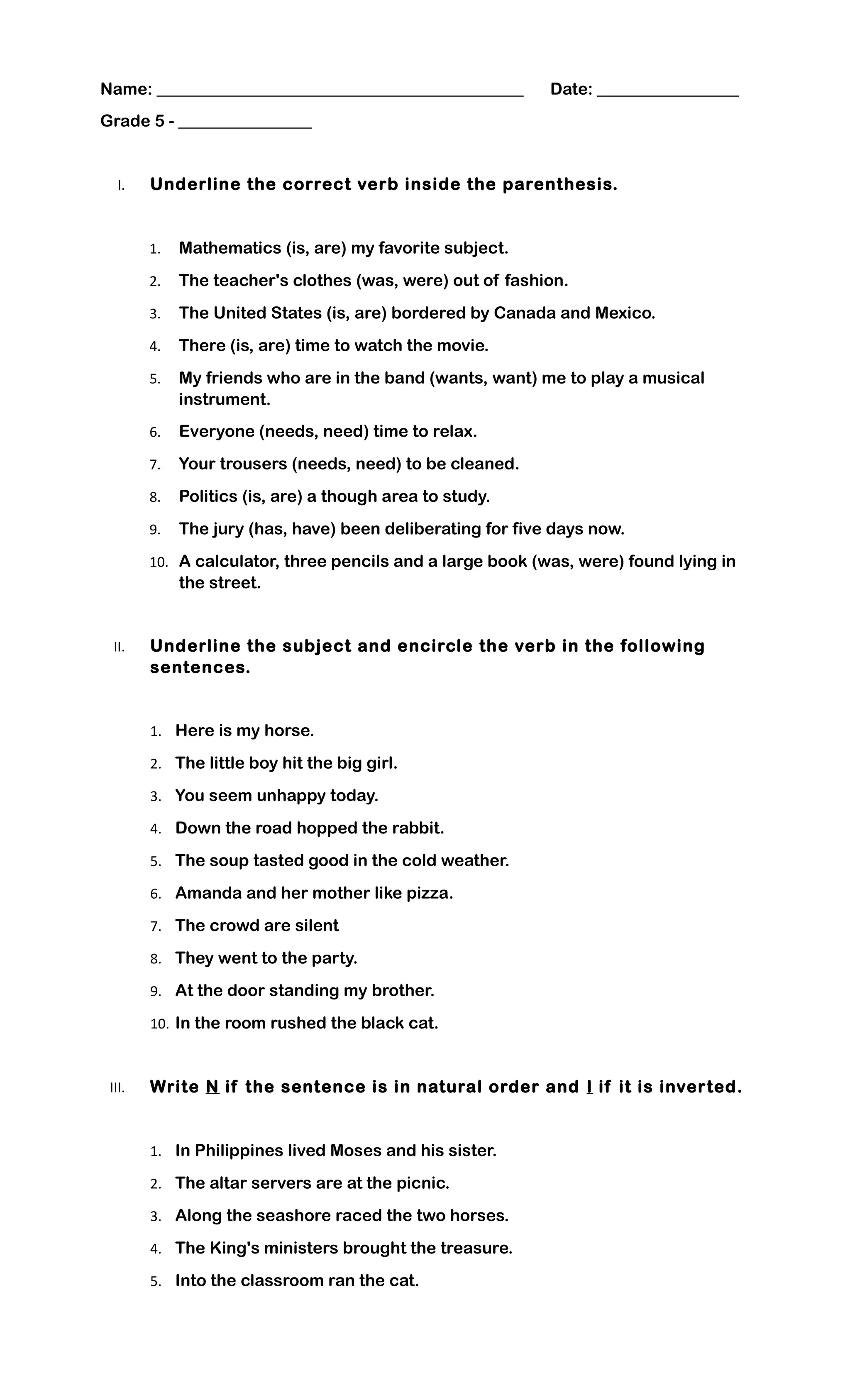 Quiz (grade 5): Subject Verb Agreement | RTF