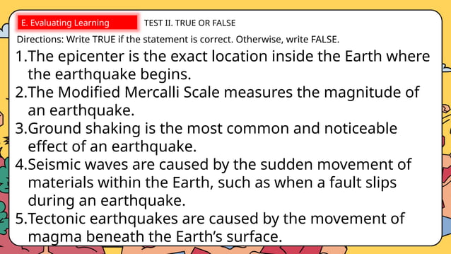 Multiple choice and True or false quiz in Earthquake | PPTX