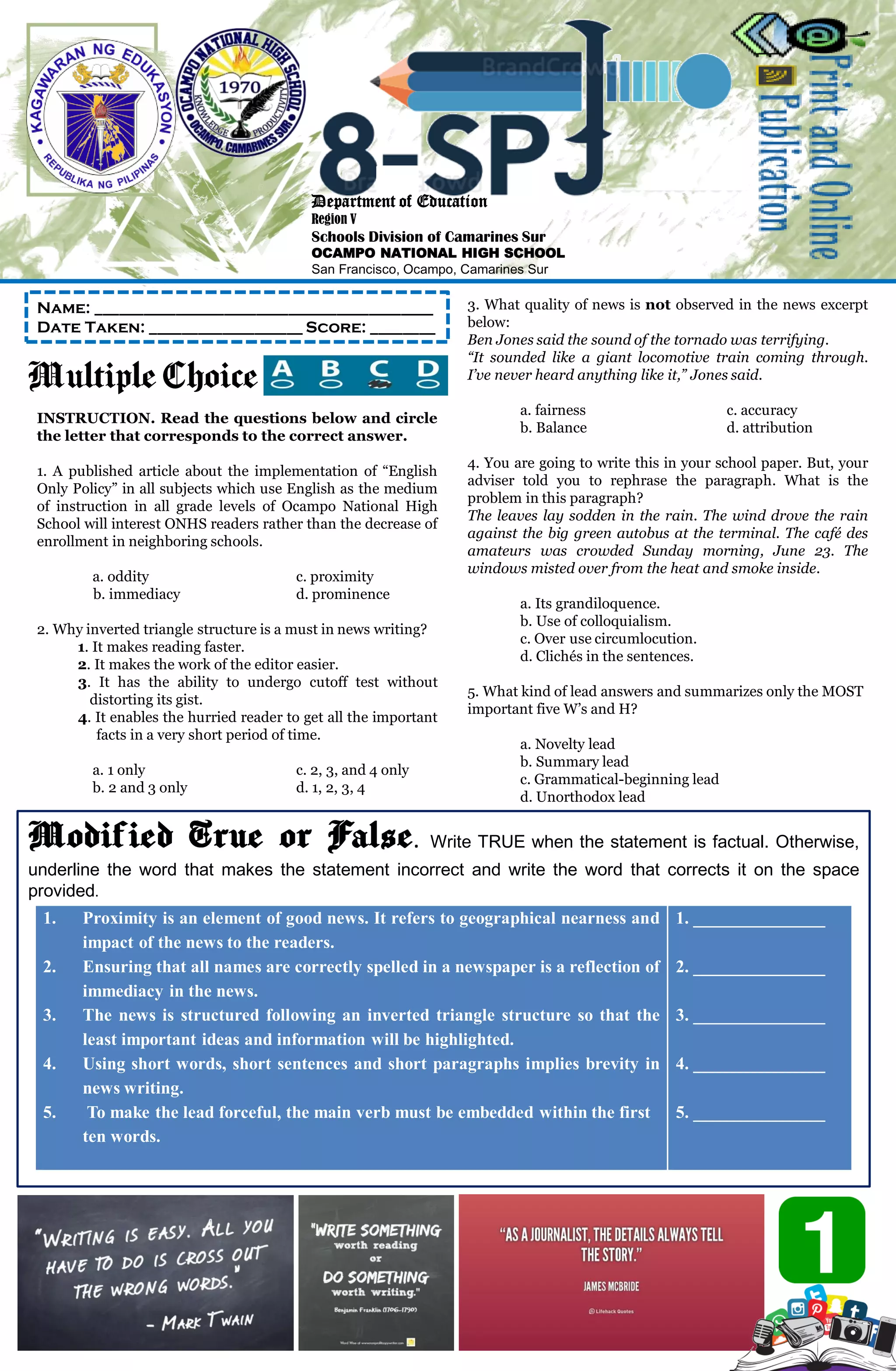 News Writing Quiz | PDF