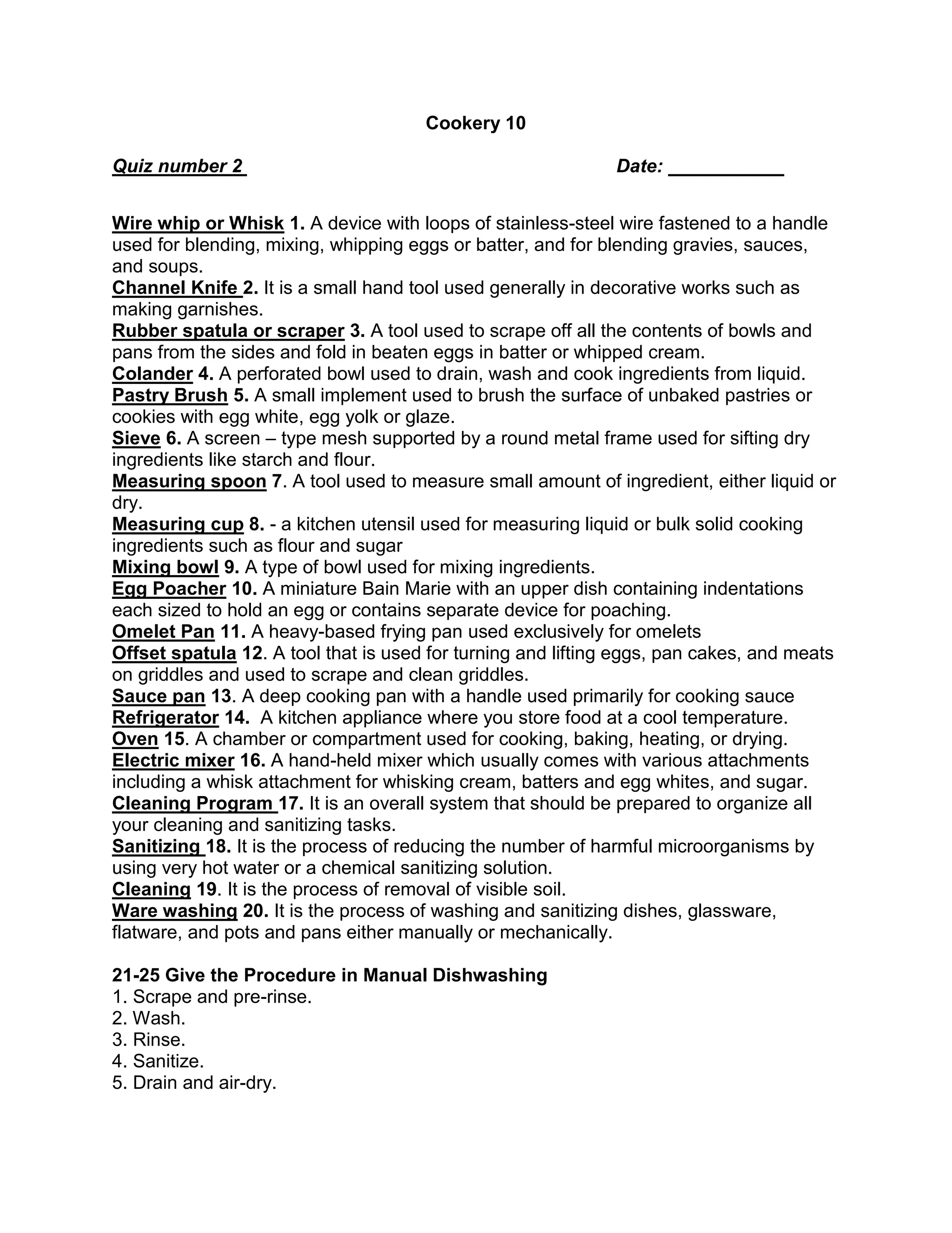 QUIZ 1. cookery 10 specialization grade 10 | DOCX