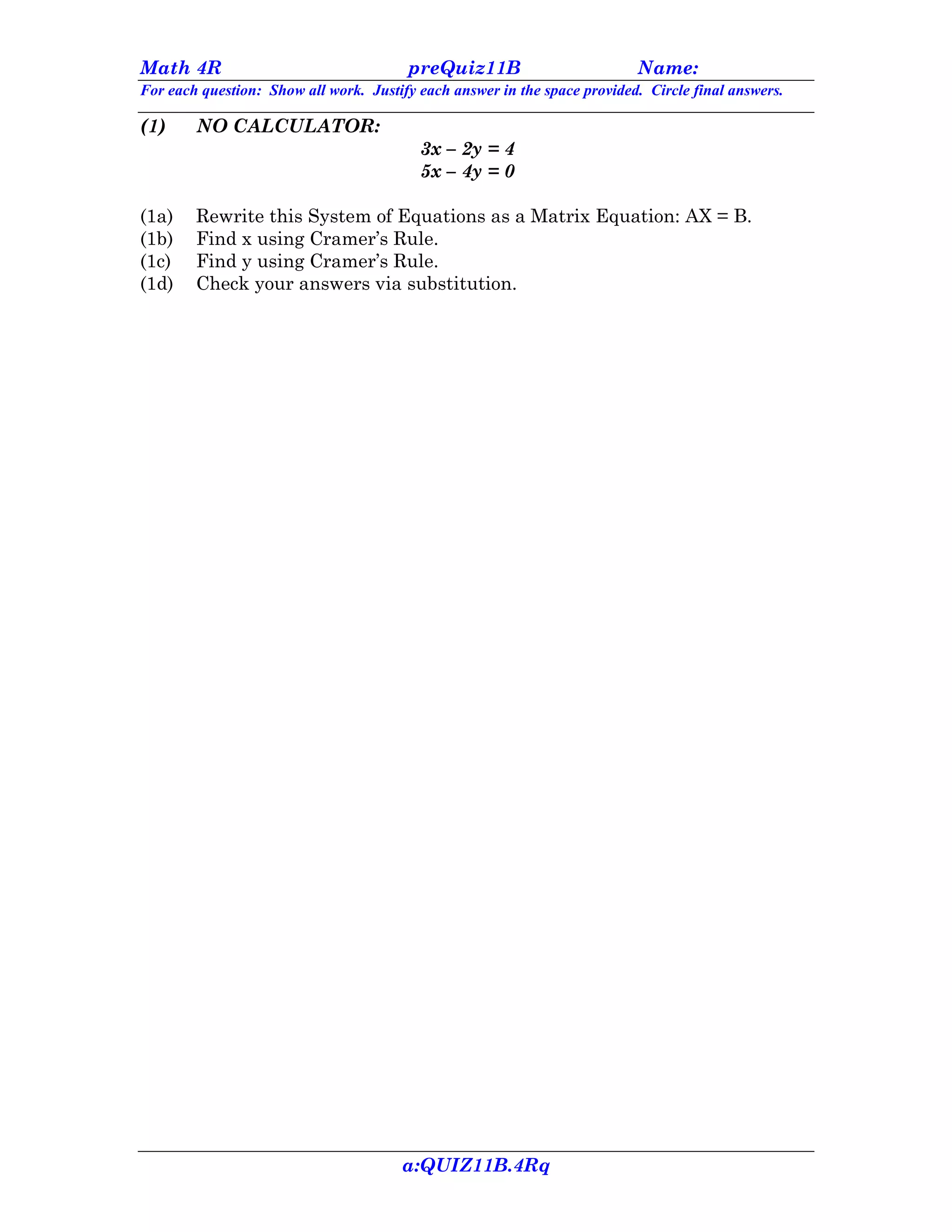 preCalculus: Quiz11B Matrix Algebra Review | PDF