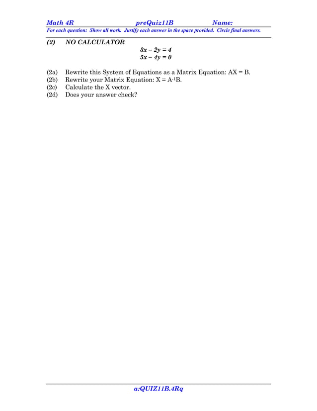 preCalculus: Quiz11B Matrix Algebra Review | PDF
