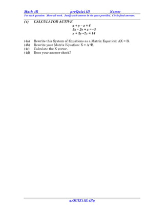 preCalculus: Quiz11B Matrix Algebra Review | PDF