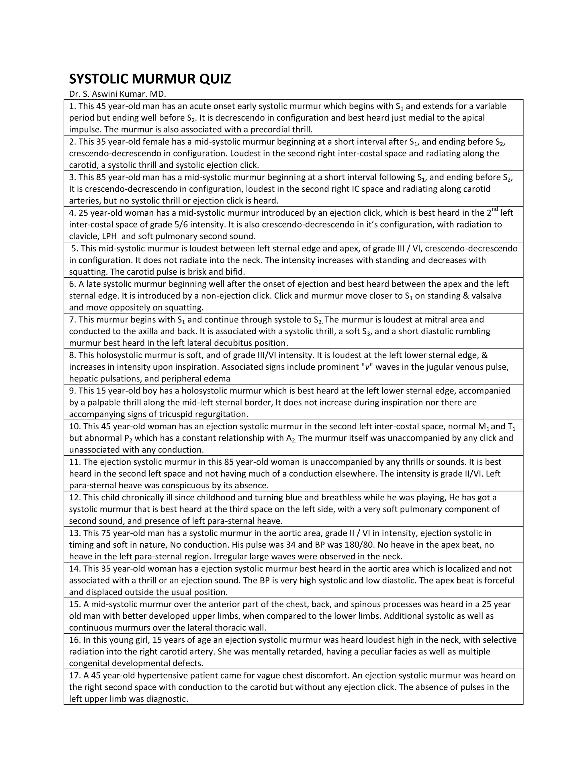Quiz 17 Systolic Murmur | DOCX | Heart and Cardiovascular Diseases ...