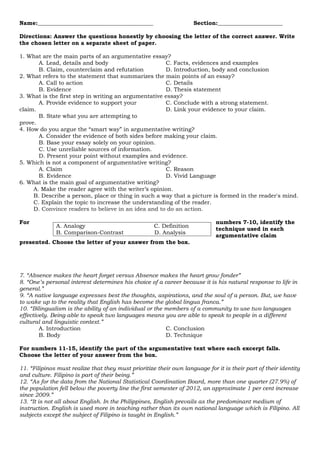 Short Quiz about Argumentative Essay and techniques on how to write an ...