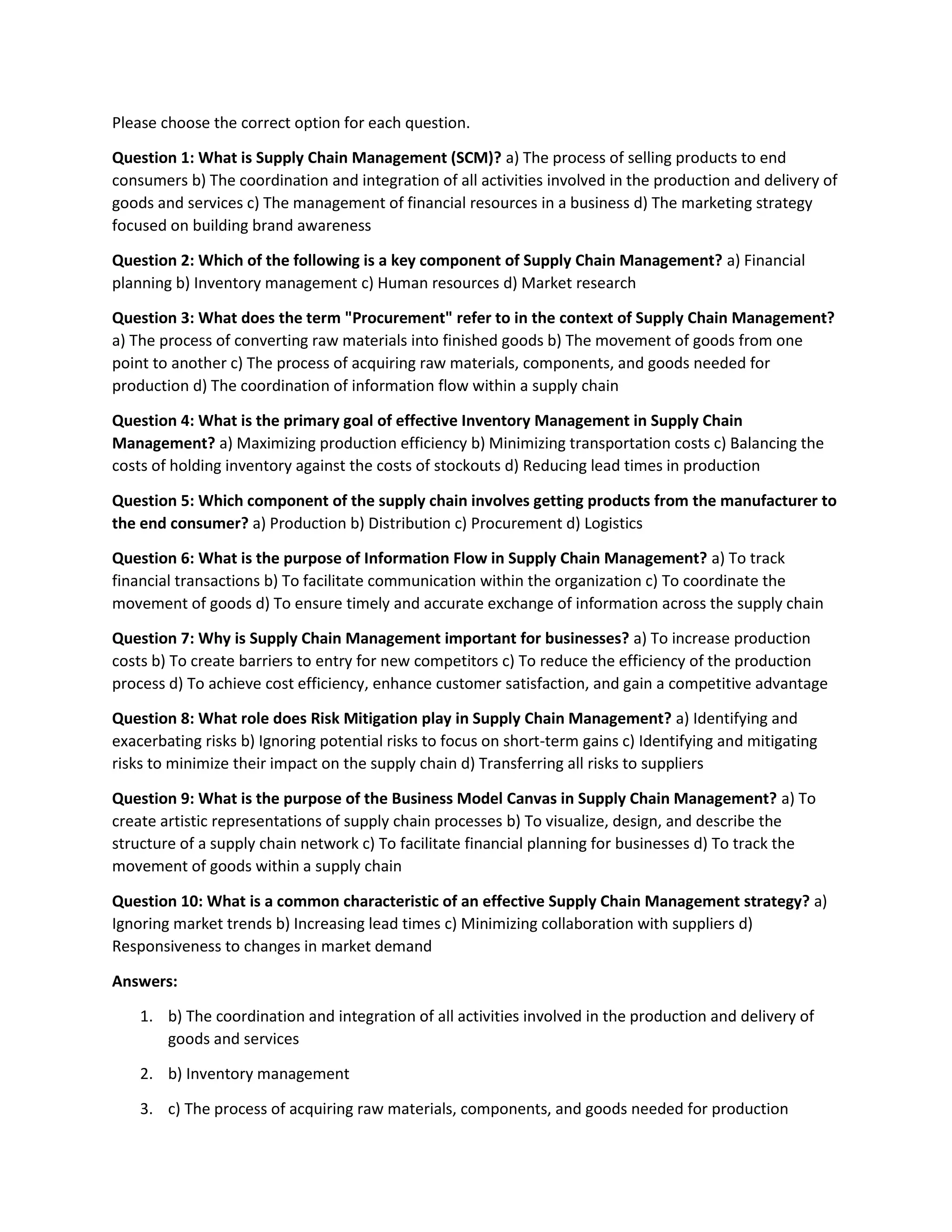 quiz in supply chain with questions and answers on intro to supply ...