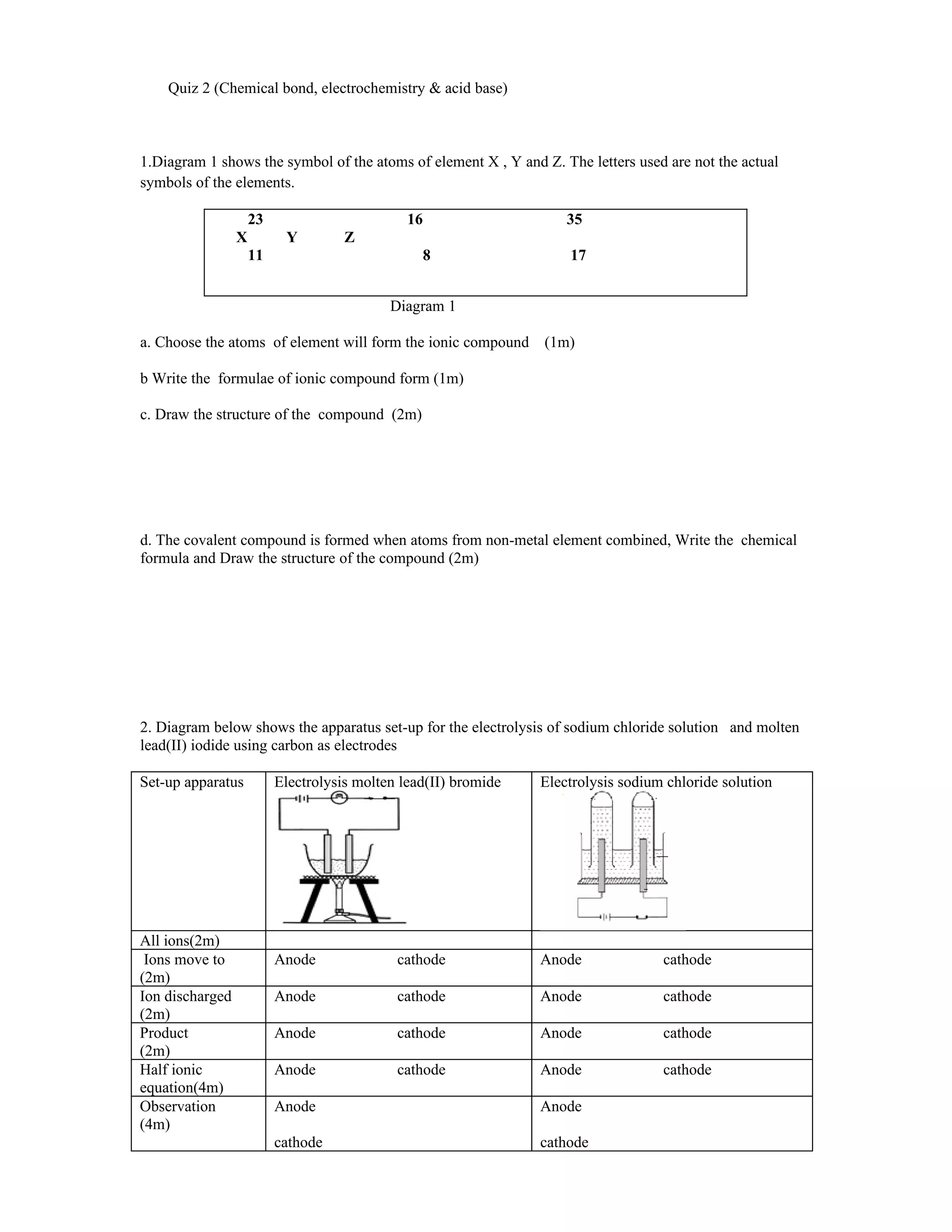 Quiz 2( chemical bond, electrchemistry, acid base) | PDF