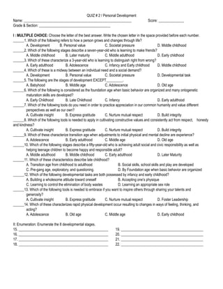 QUIZ 2 IN PERSONAL DEVELOPMENT | DOCX | Parenting | Family and ...