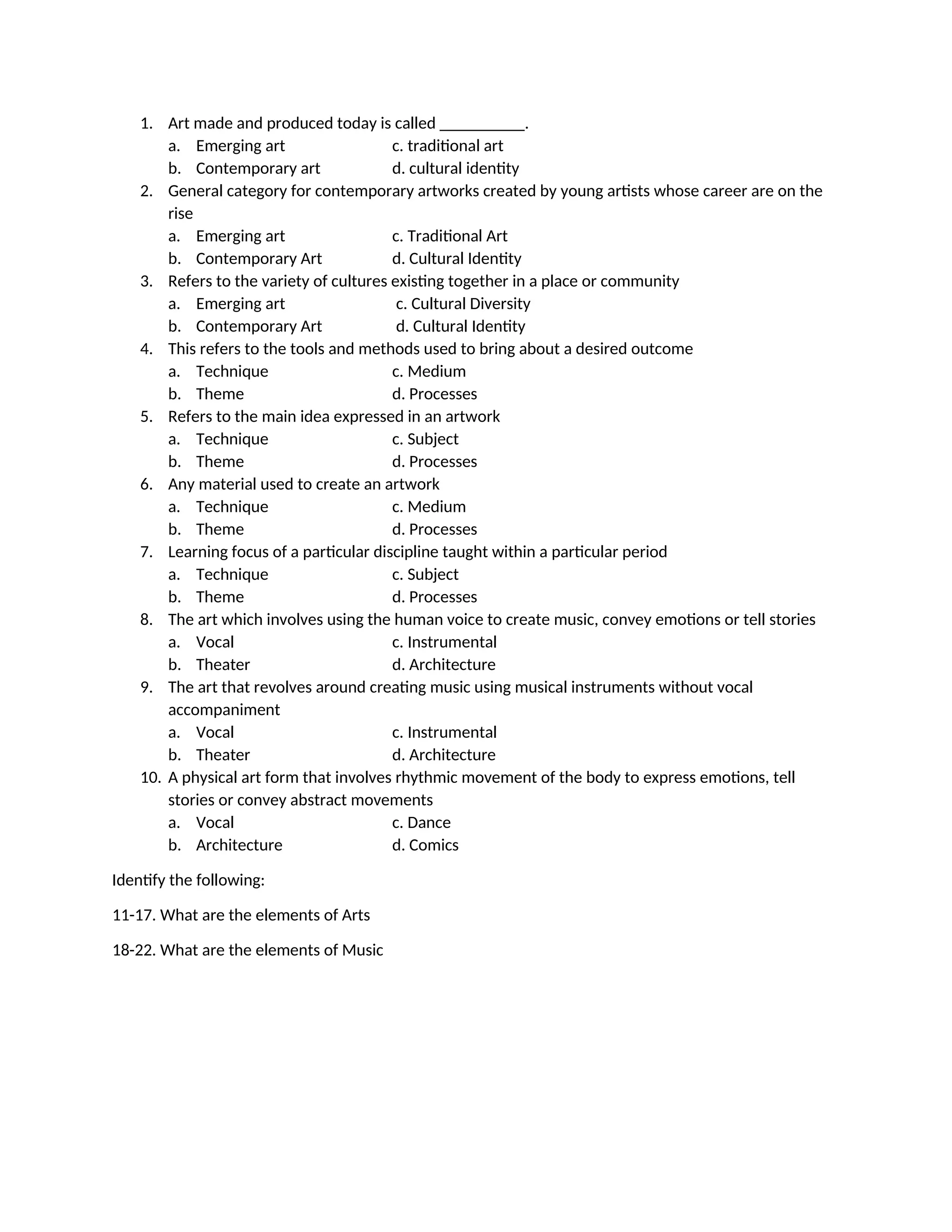 Sample Quiz for Grade 7 Music and Arts Week | DOCX | Arts and Crafts ...