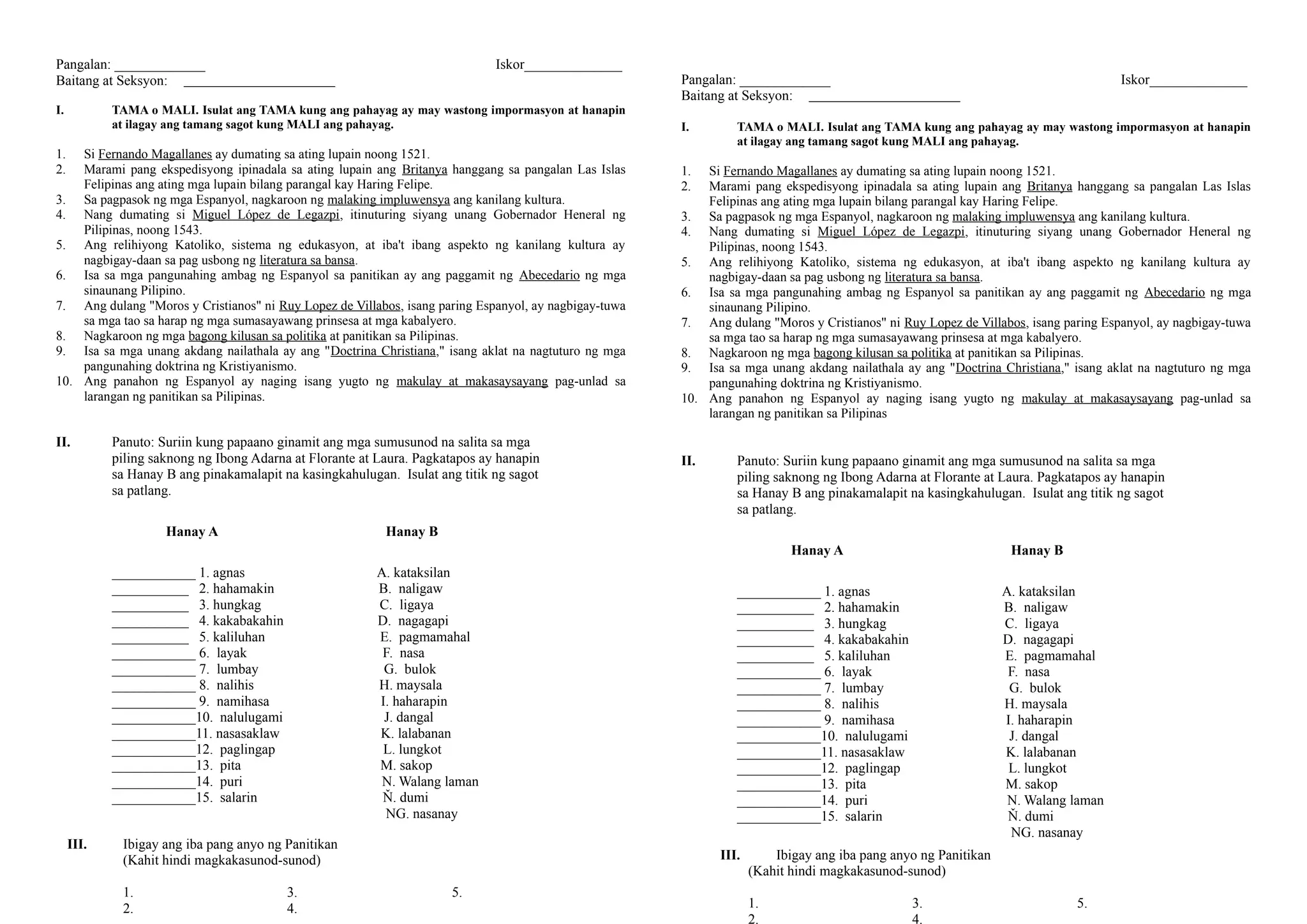 Quiz sa Filipino- Panahon ng Espanyol... | DOCX