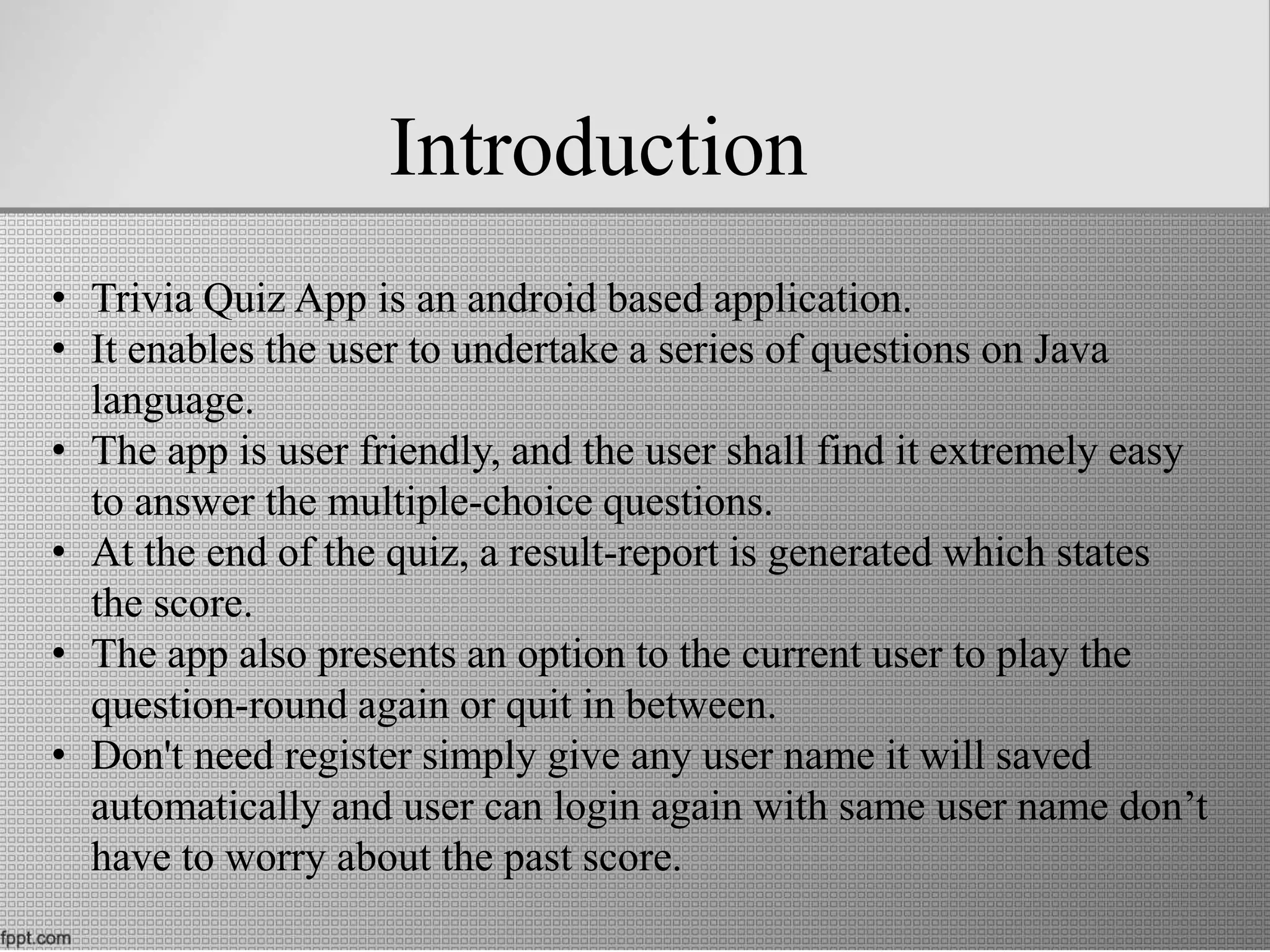 Quiz app android ppt | PPTX | Operating Systems | Computer Software and Applications