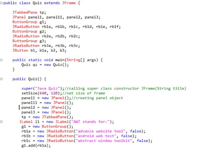 Quiz app(j tabbed pane,jdialog,container,actionevent,jradiobutton ...