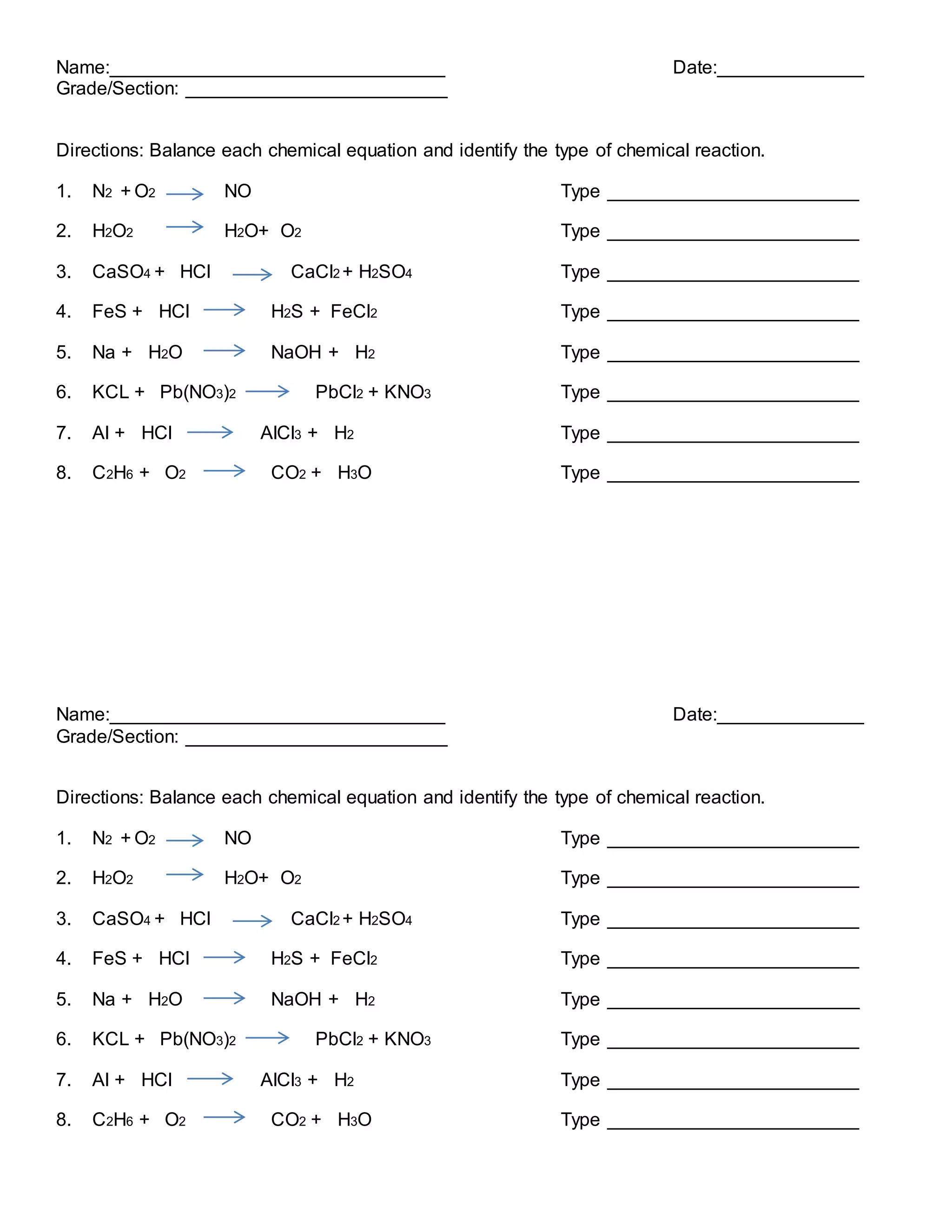 Quiz assessment balancing equation | PDF