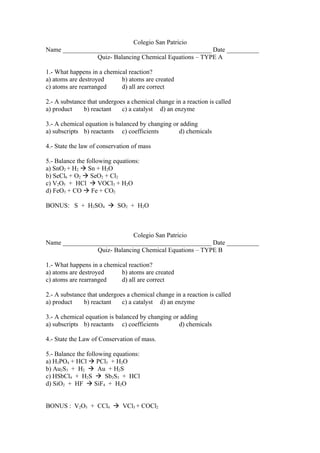 Quiz Balancing Chemical Equations 2 | DOC