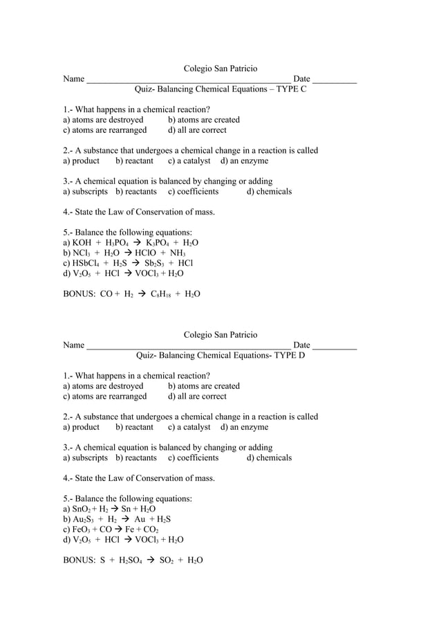 Quiz Balancing Chemical Equations 2 | PDF