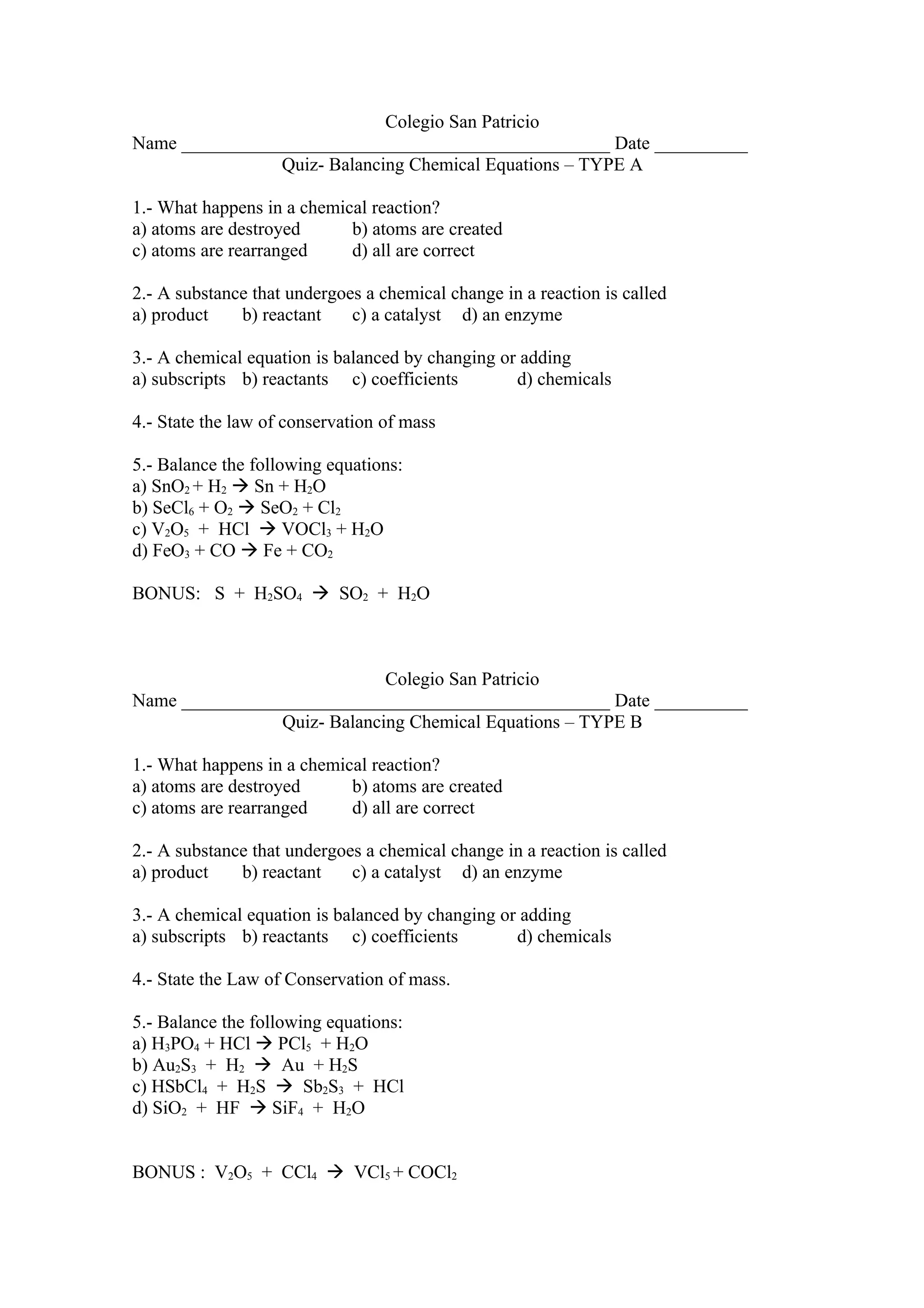 Quiz Balancing Chemical Equations 2 | DOC