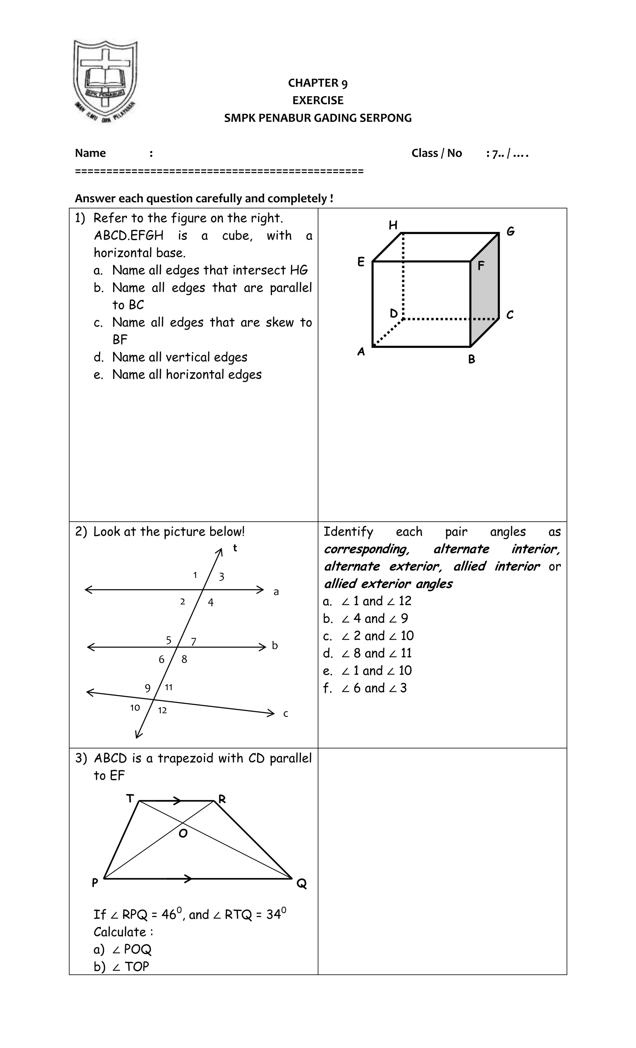 EXERCISE Chapter 9 parallel lines | DOCX