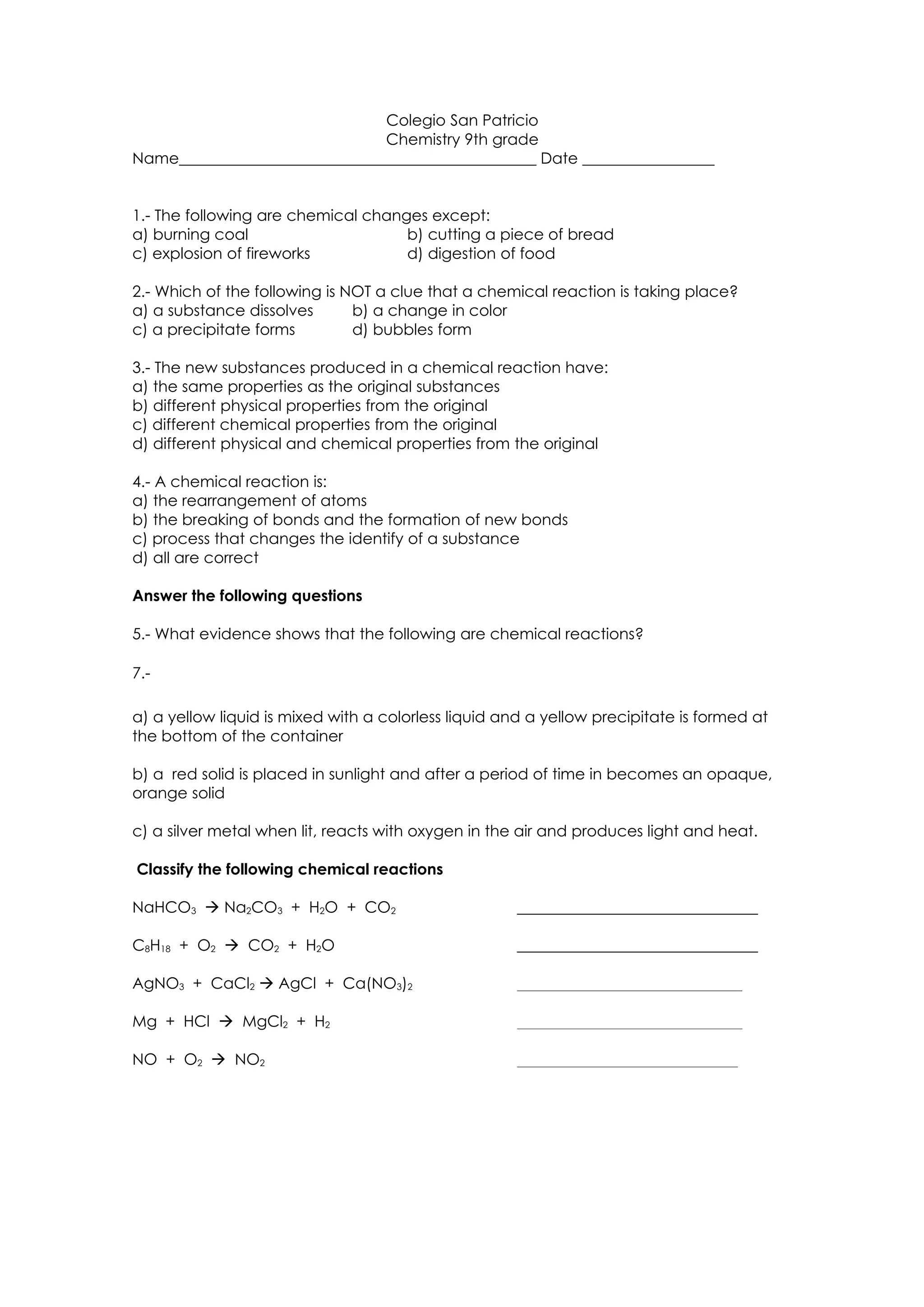 Quiz Chemical Reactions 1 | PDF