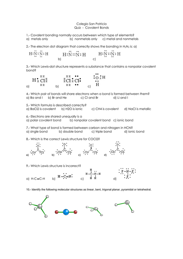 Quiz Covalent Bonds | DOC | Chemistry | Science
