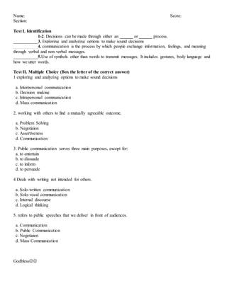 Levels of Communication 5 set quiz | DOCX