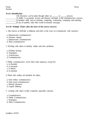 Levels of Communication 5 set quiz | DOCX