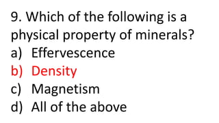 Quiz in Earth Science: Physical and Chemical Properties of Minerals | PPTX