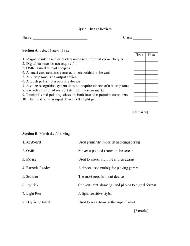 Imput Devces Quiz | DOCX | Computer Peripherals | Computing