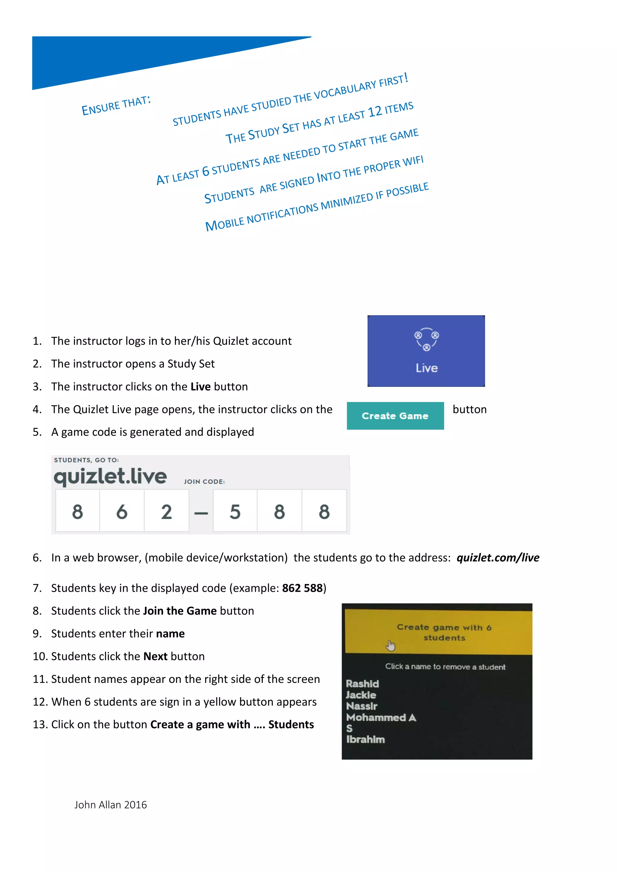 Quizlet Live Teacher Instructions | PDF