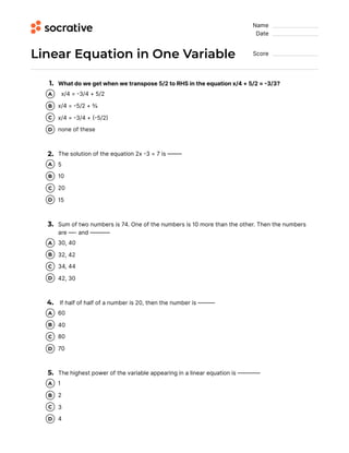 Quiz linear equation in one variable | PDF