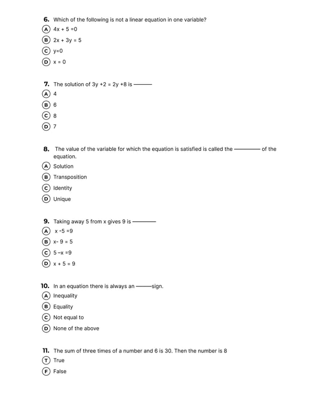 Quiz linear equation in one variable | PDF | Physics | Science
