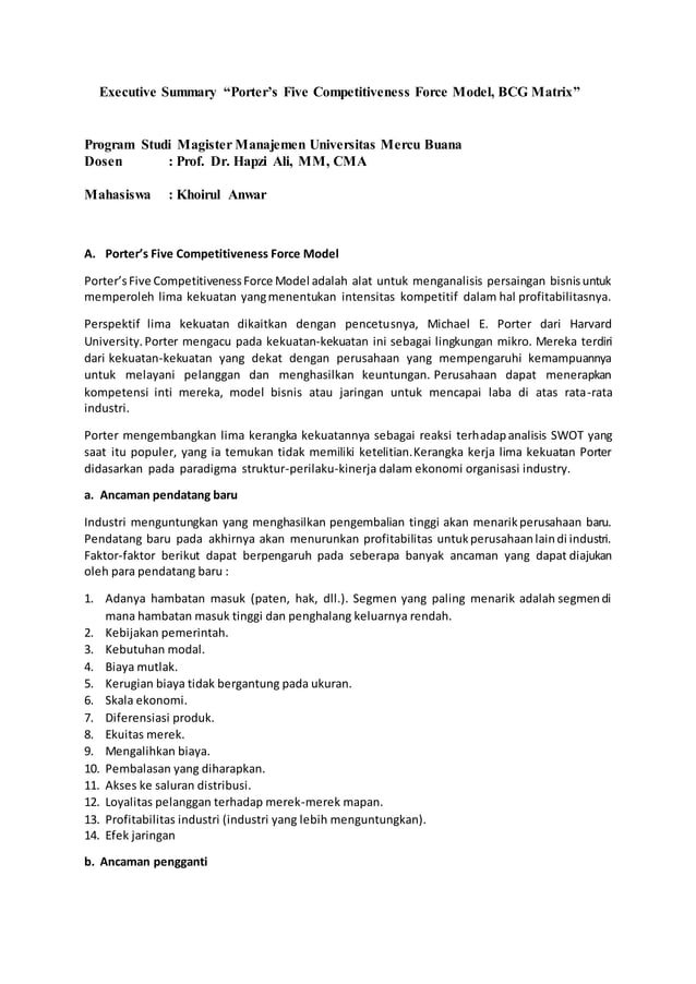 SM, Khoirul Anwar, Hapzi Ali, Porter’s Five Competitiveness Force Model, BCG Matrix, Universitas ...