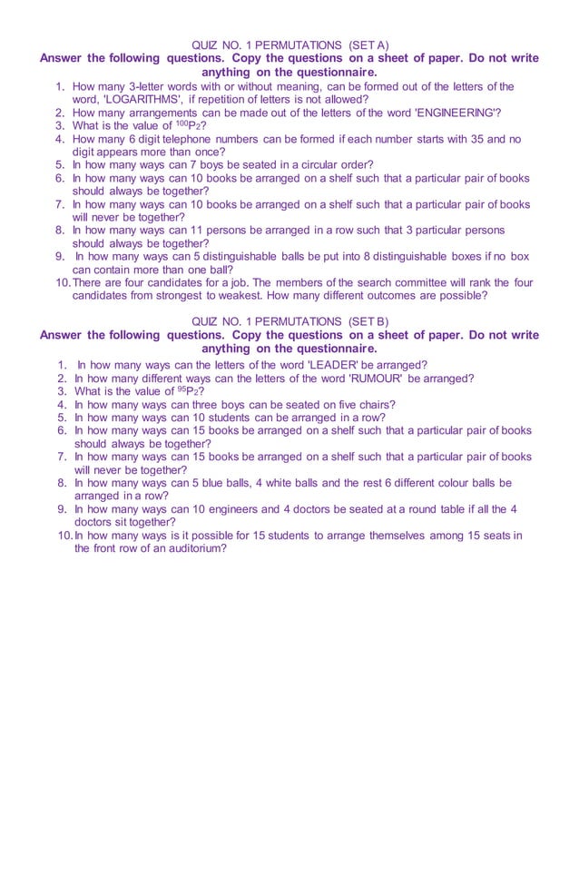 Quiz no 1 permutation | PDF