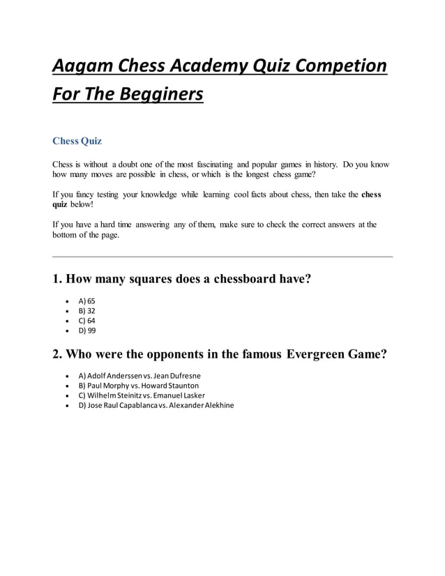 Quiz of begginers 120 questions Chess | DOCX | Board Games and Puzzles ...