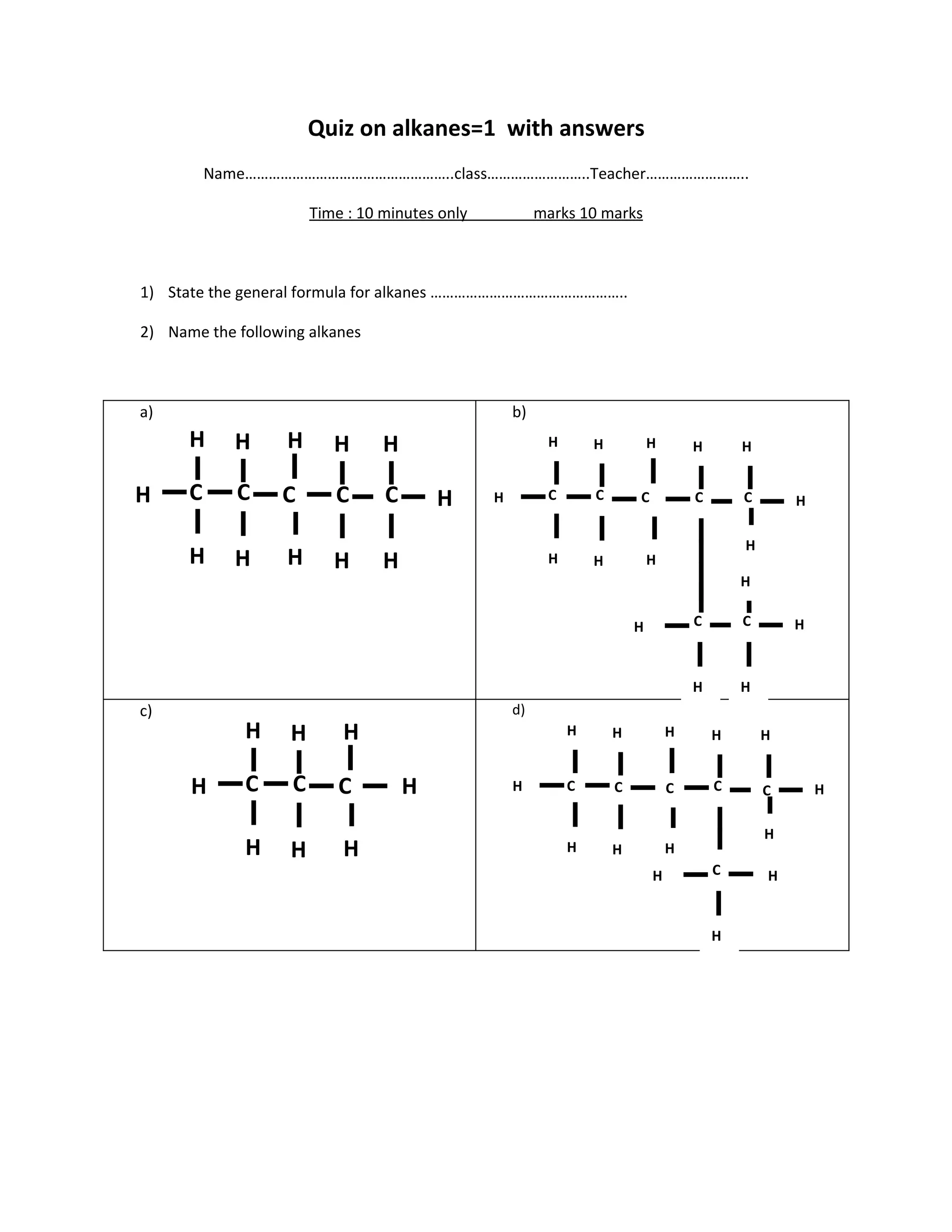 Quiz on alkanes with answers | DOC