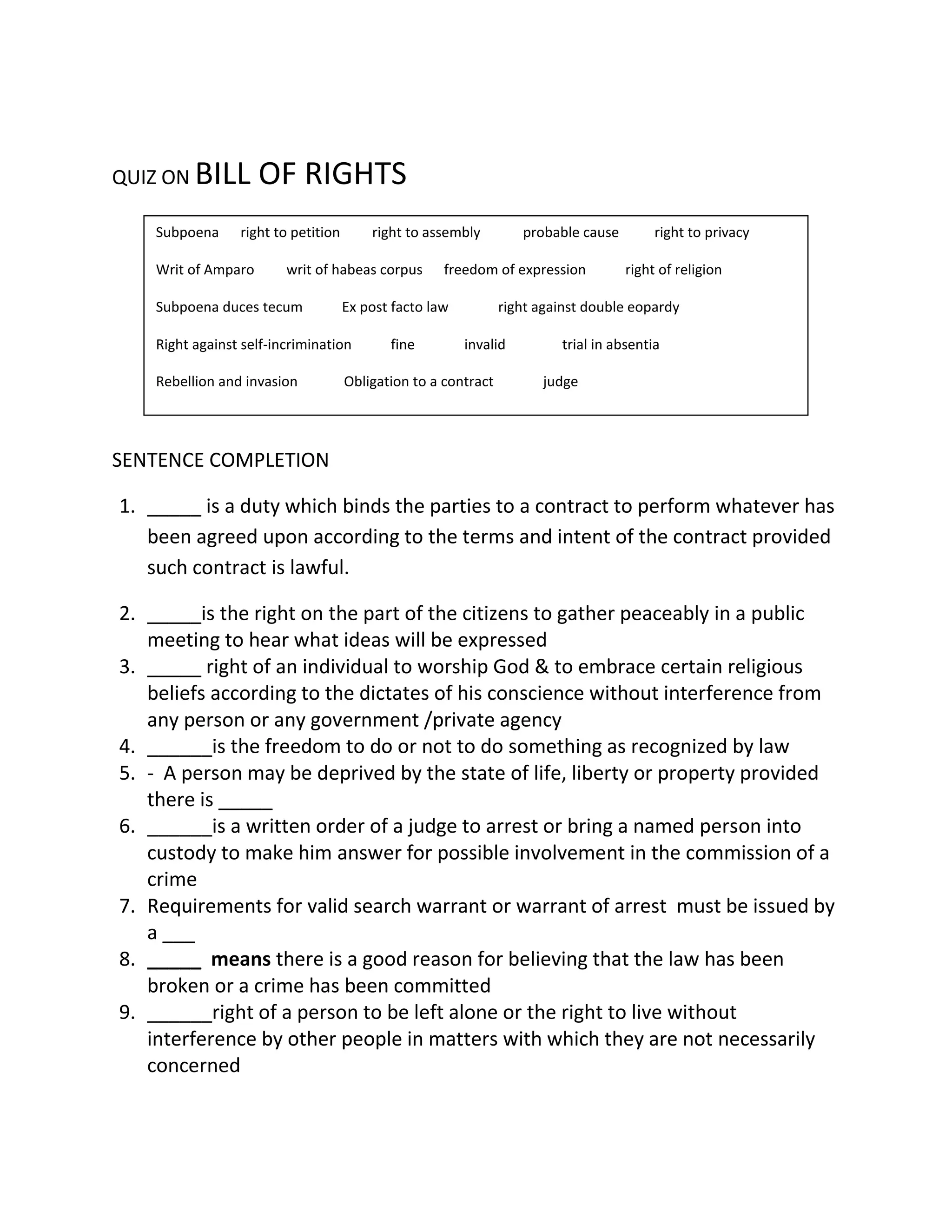 Quiz on bill of rights | DOCX